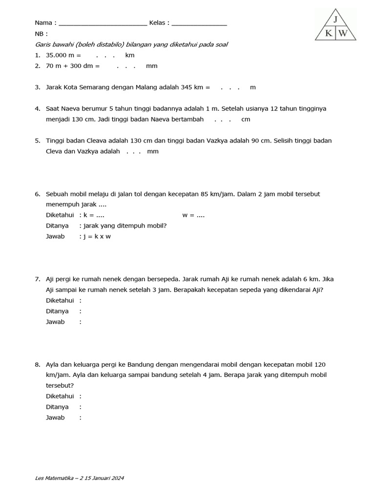 Soal Les MTK 15 Januari 2024 | PDF
