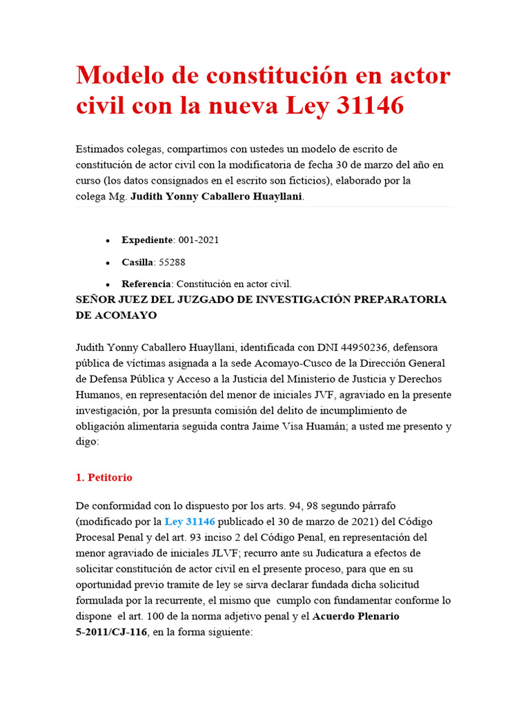 Modelo de Constitución Actor Civil Ley 31146 | PDF | Daños y perjuicios ...