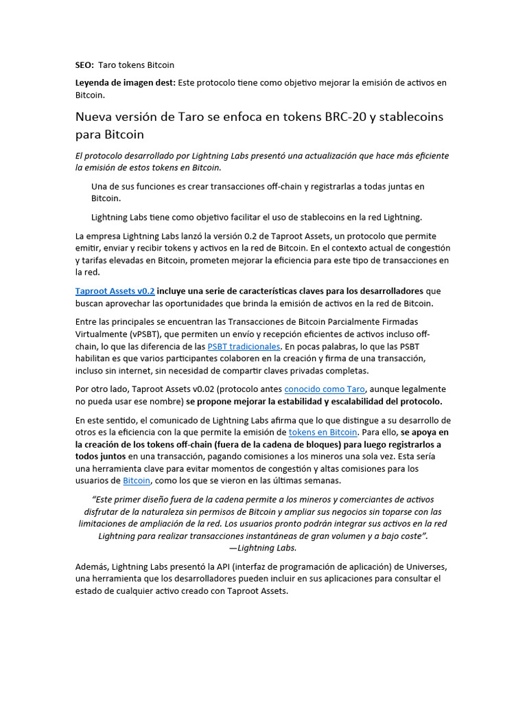 Nueva Versión de Taro Se Enfoca en Tokens BRC-20 y Stablecoins para ...