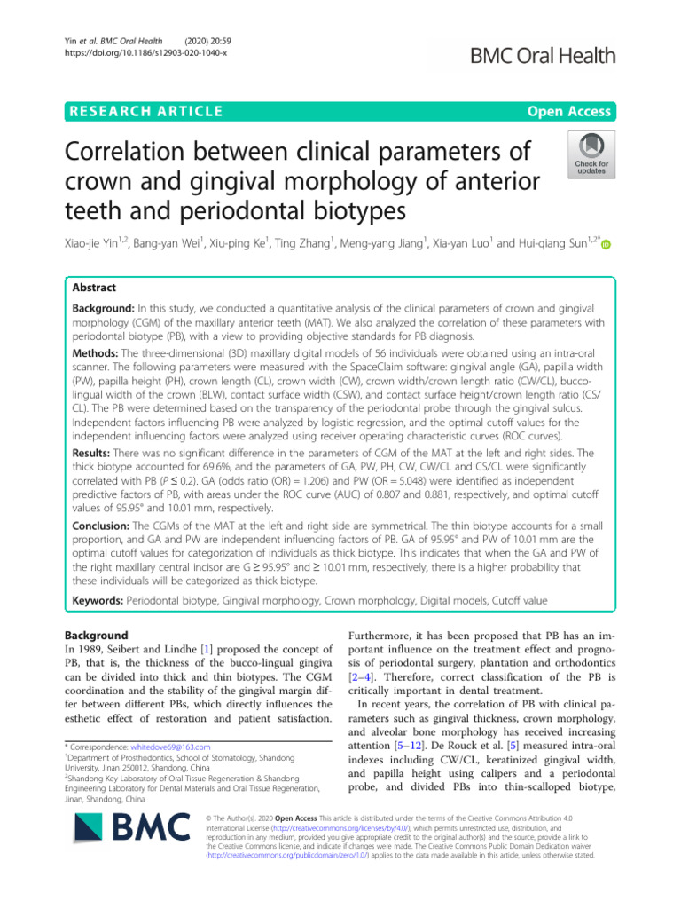 Correlation Between Clinical Parameters of Crown and Gingival ... Correlation Between Clinical Parameters of Crown and Gingival ...