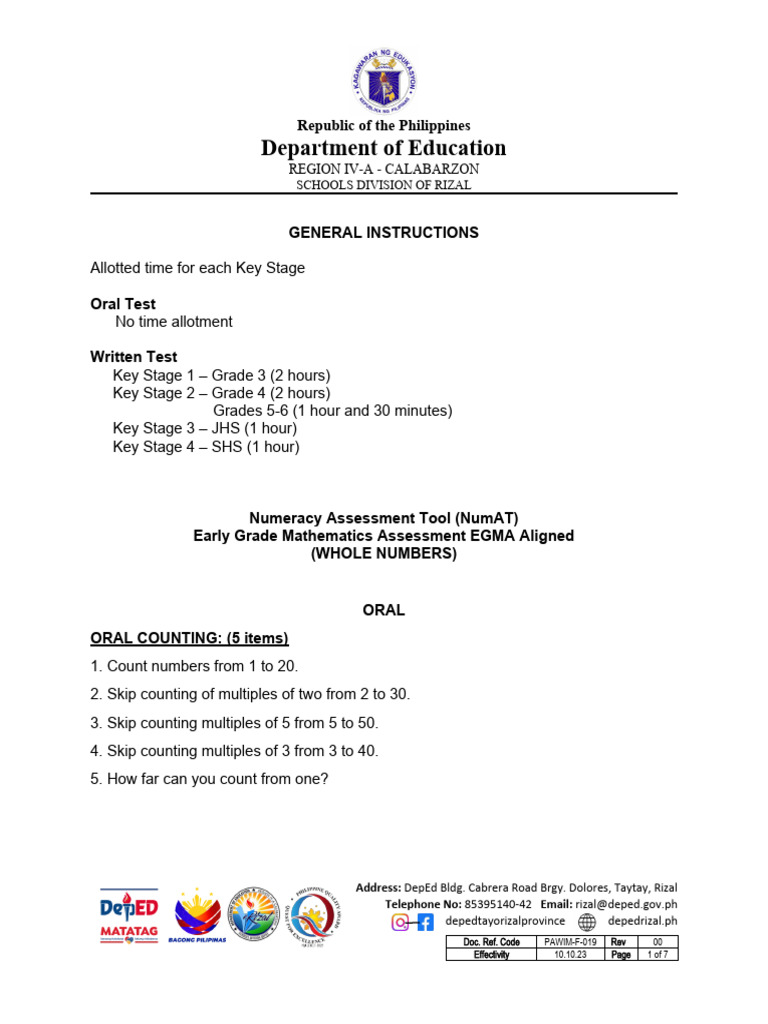 EGMA Assessment Guidelines for Grades 1-3 | PDF | Mathematics