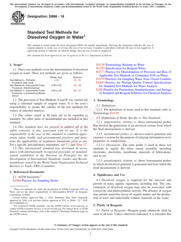 ASTM D888-18 Dissolved Oxygen in Water | PDF | Chemistry | Titration