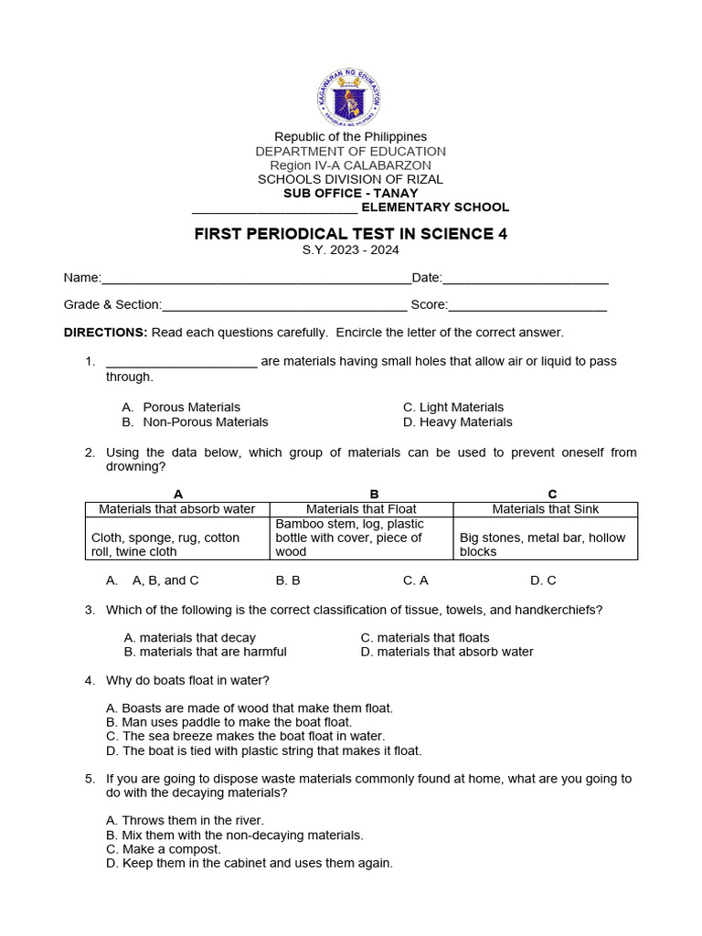 SCIENCE 4 First Periodical Test S.Y. 2023 2024 COPY 1 | Download Free ...