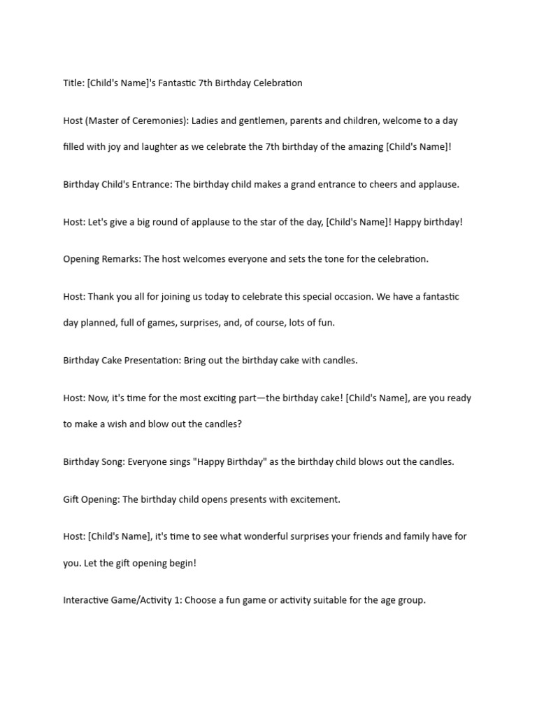 SCRIPT FOR 7th Birthday | PDF