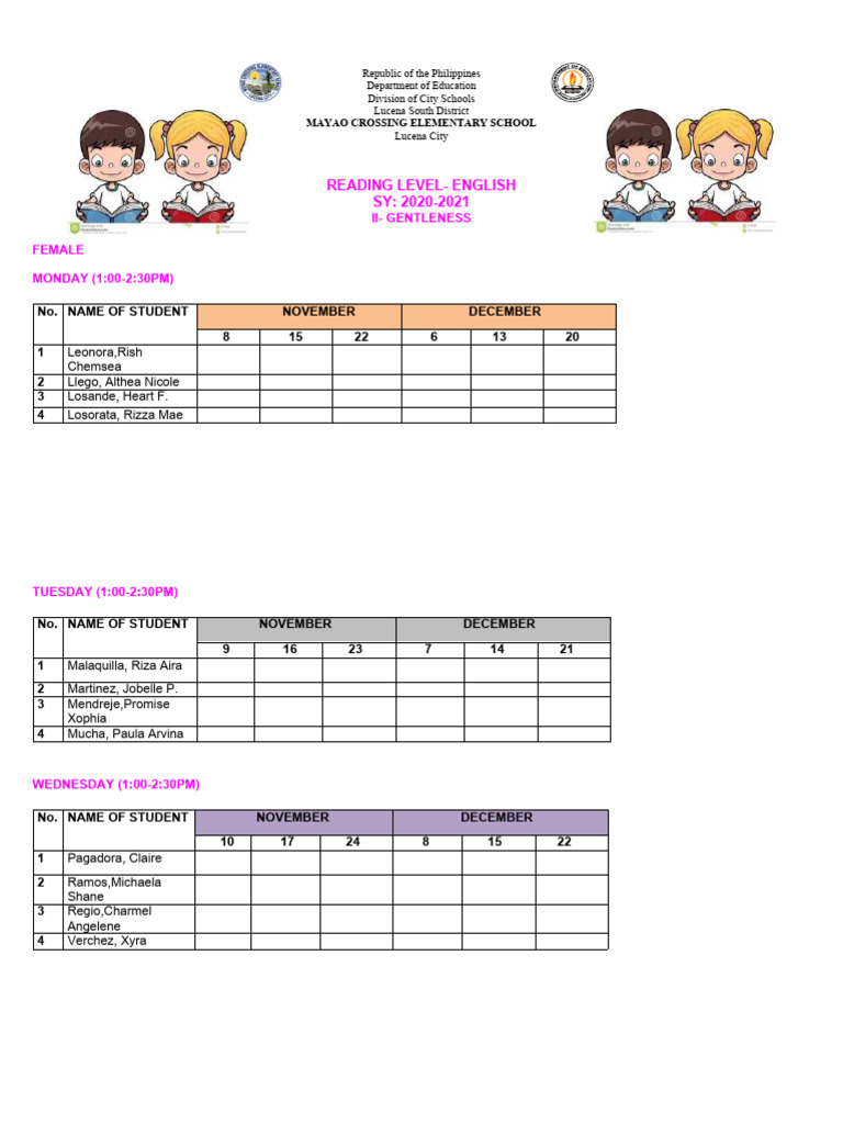 Reading Level Schedule 2020-21 | PDF