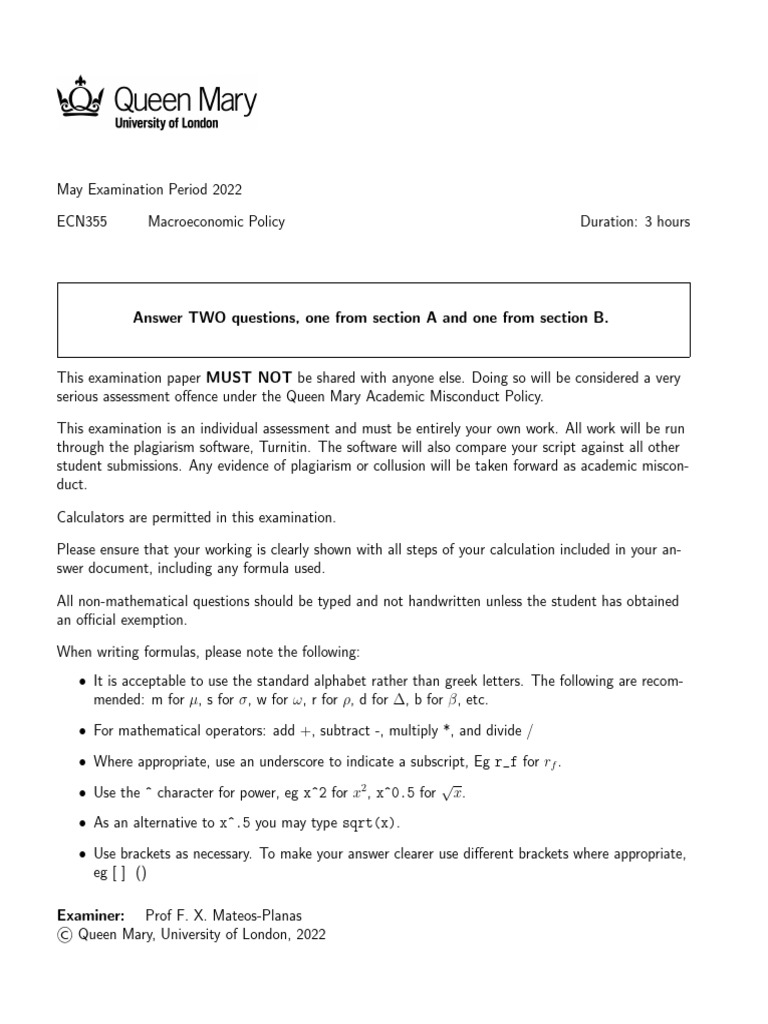 ECN355 Exam Paper - May 2021-22 | PDF | Inflation | Interest