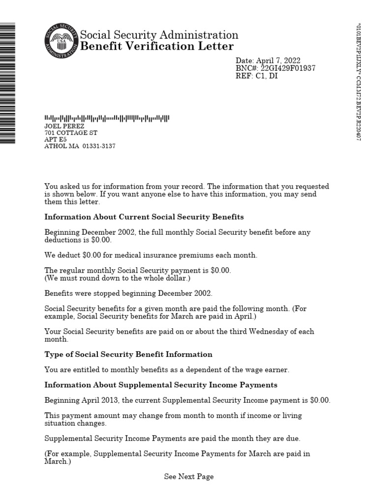 Benefit Verification Letter | PDF | Social Security Administration ...