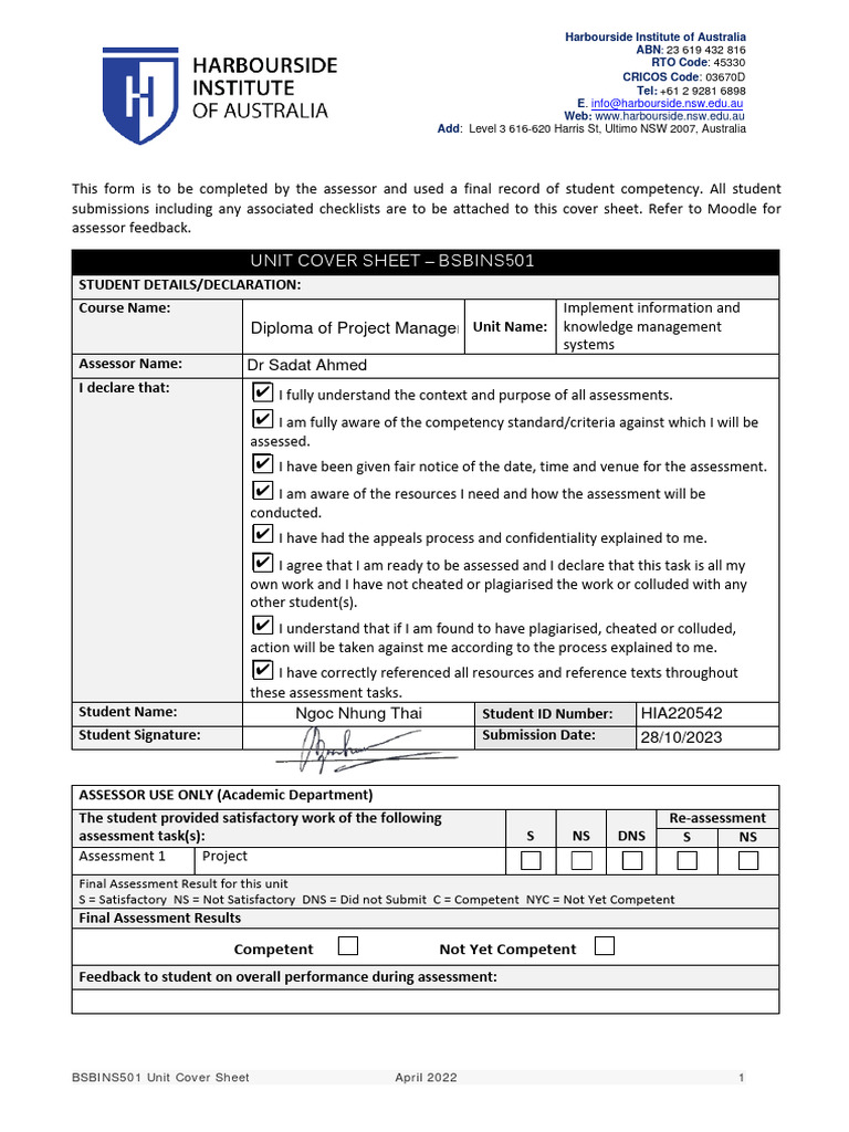 BSBINS501 - Unit Cover Sheet - v2.2 | PDF
