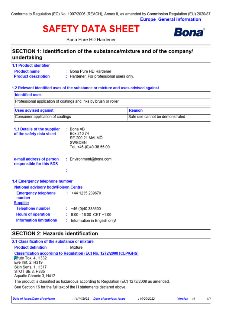 Sds Bona Pure HD Hardener - Default English GB | PDF | Waste | Chemistry