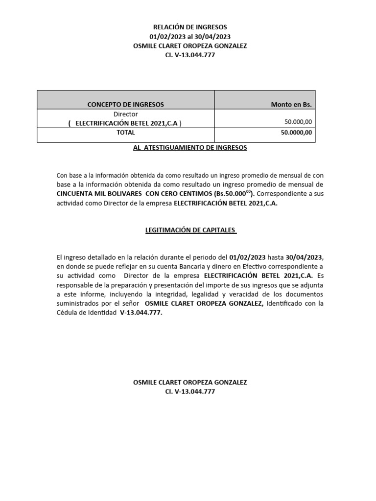 Relación de Ingresos | PDF