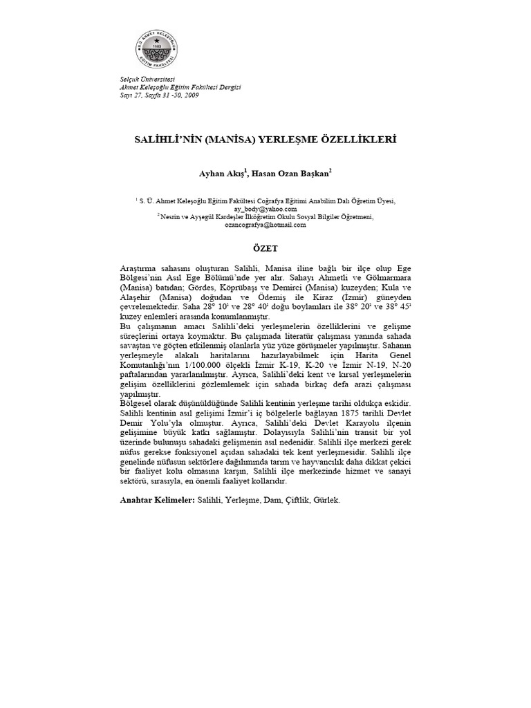 Salihlinin Manisa Yerlesme Ozellikleri | PDF