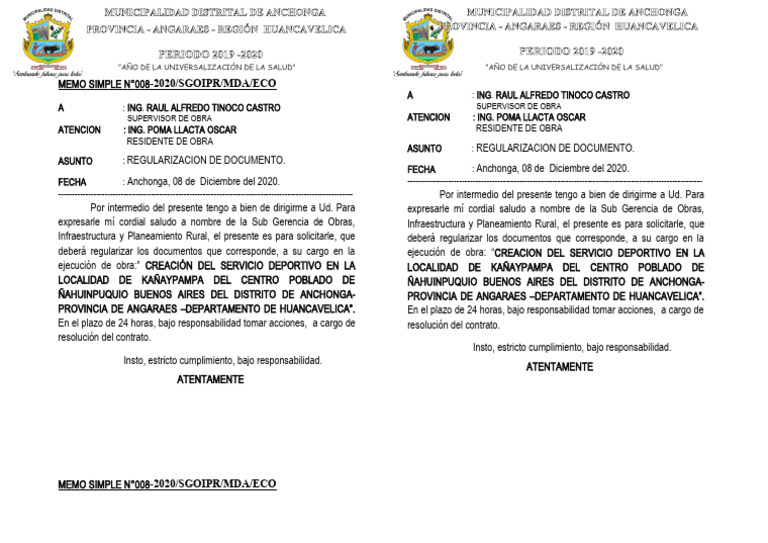 Memo Simple. #008-2020 Regularizacion de Documento Kañaypampa | PDF