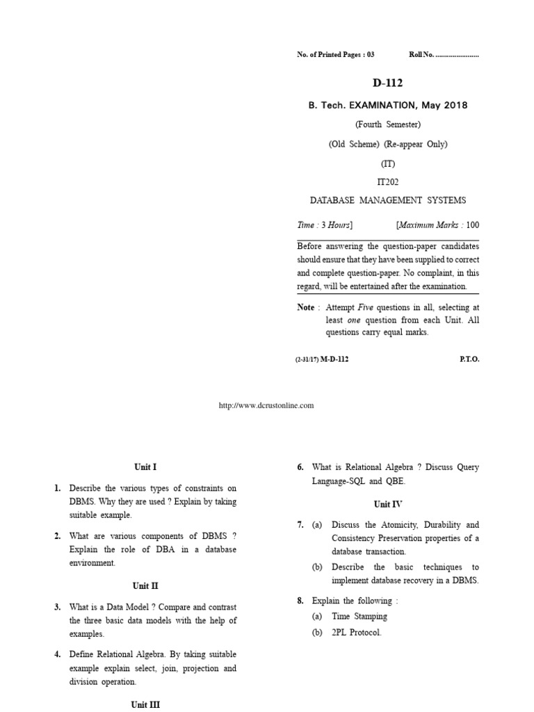 Btech It 4 Sem Database Management Systems It202 May 2018 | PDF ... Btech It 4 Sem Database Management Systems It202 May 2018 | PDF ...