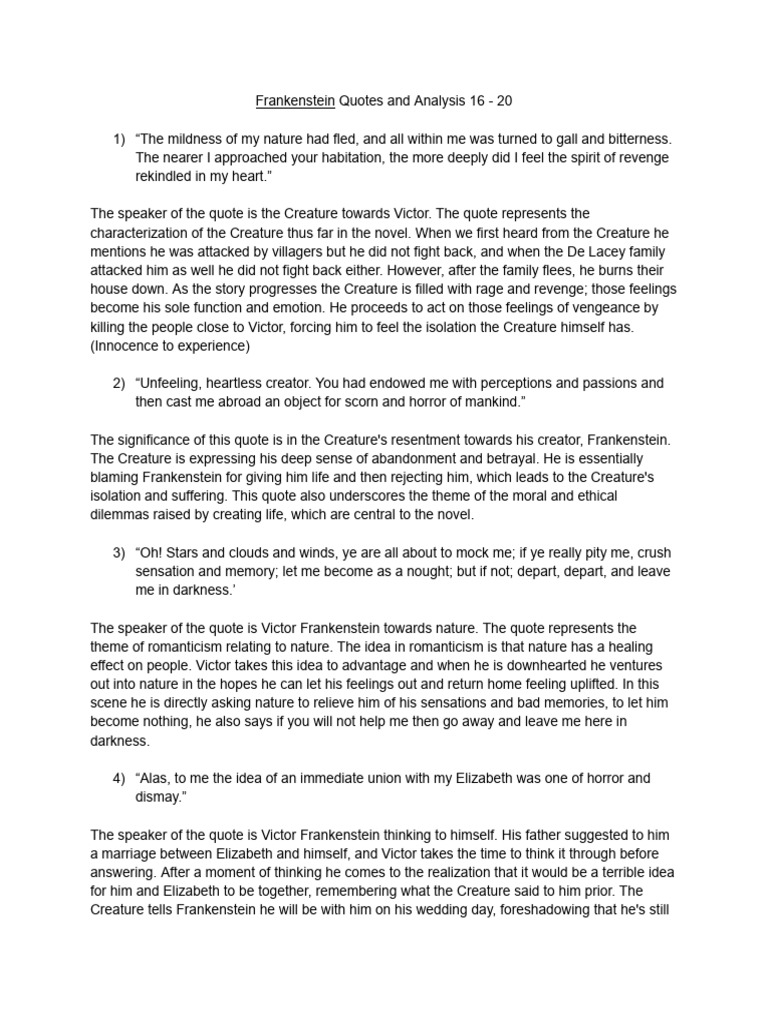 Frankenstein Quotes and Analysis 16-20 | PDF | Loneliness | Frankenstein