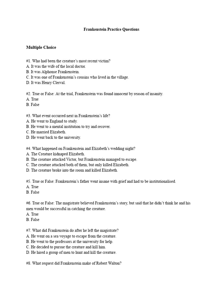 Frankenstein Practice Test Questions | PDF | Frankenstein | Revenge