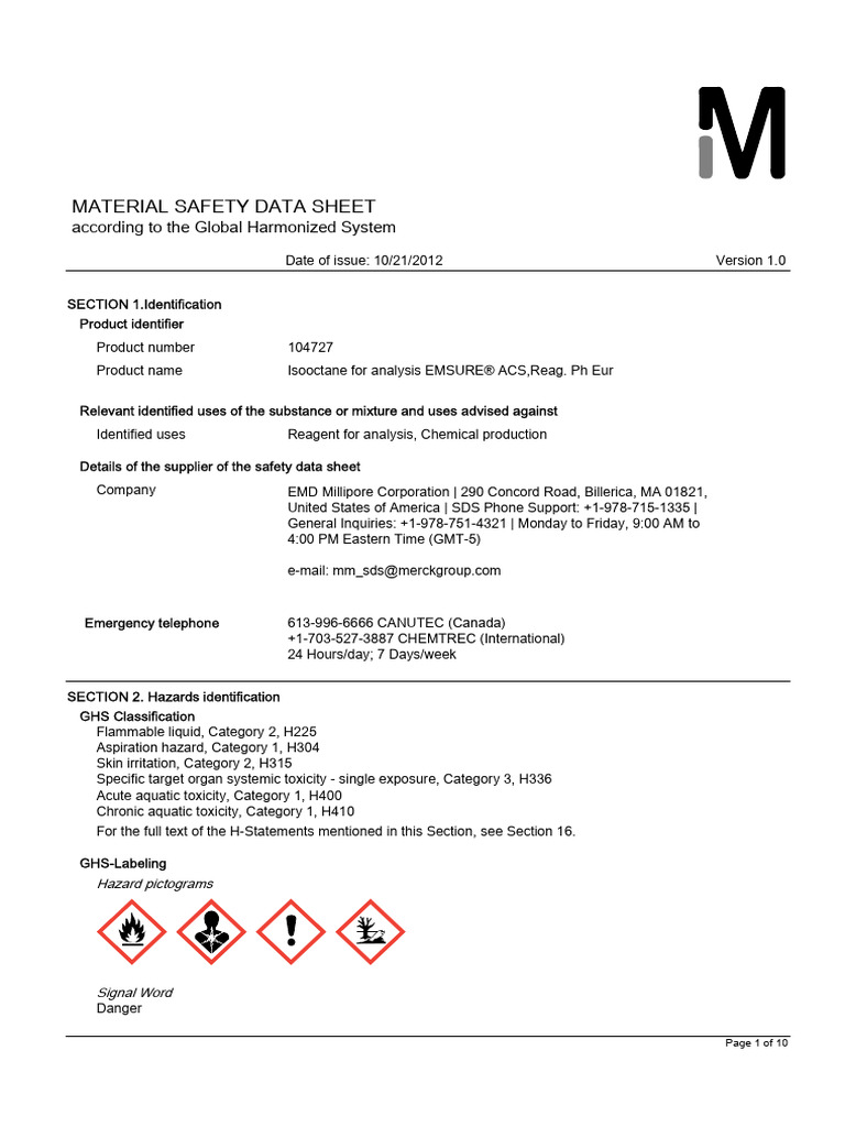 Hojas de Seguridad ISOCTANO CON PUREZA SUPERIOR | PDF