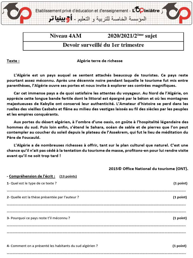 Devoir N°1 Français 4AM 2éme Sujet | PDF