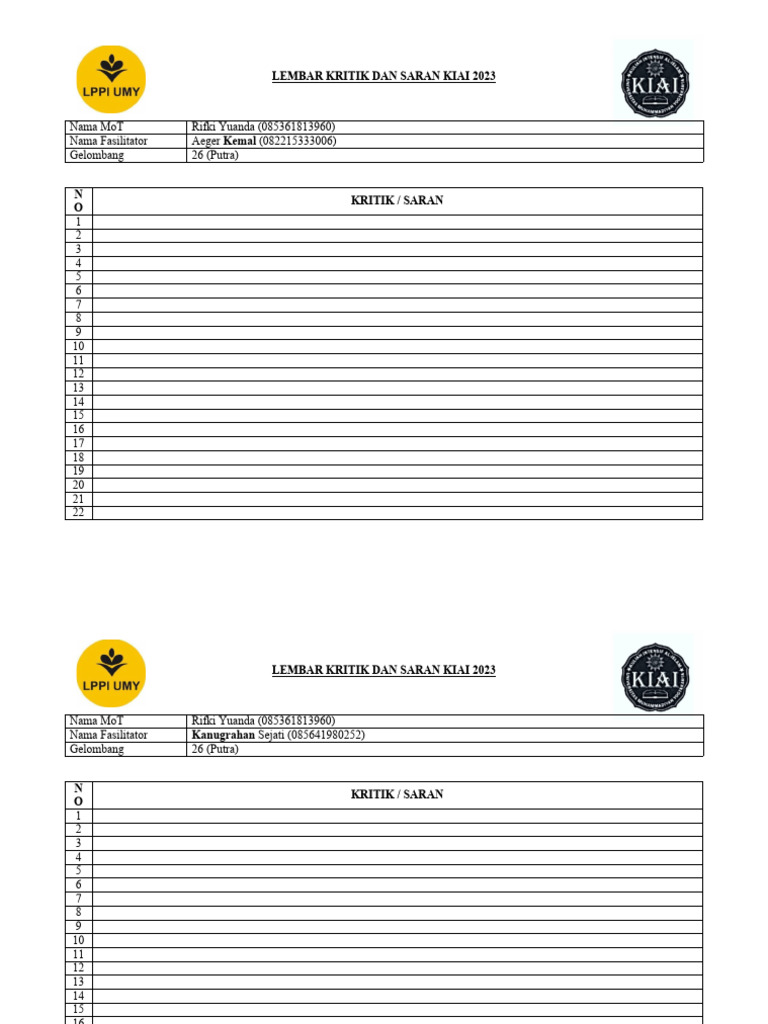 Lembar Kritik Dan Saran Kiai 2022 Yuanda | PDF | Politik | Olahraga ...