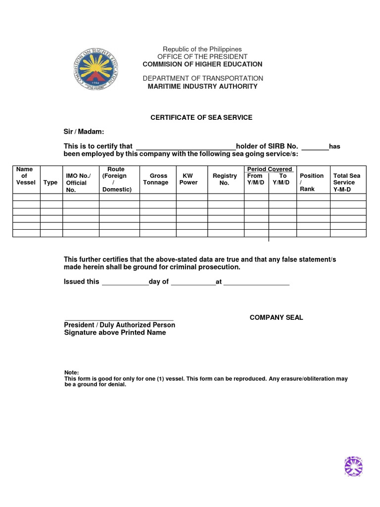Jcmmc01.s2022-Annex H7-H8 Certificate of Sea Service and Crew List | PDF | Transport | Watercraft