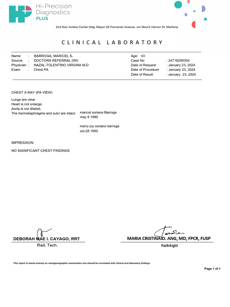 Barroga X-Ray - 20240124 - 112729 - 0000 | PDF | Radiology | Health ...