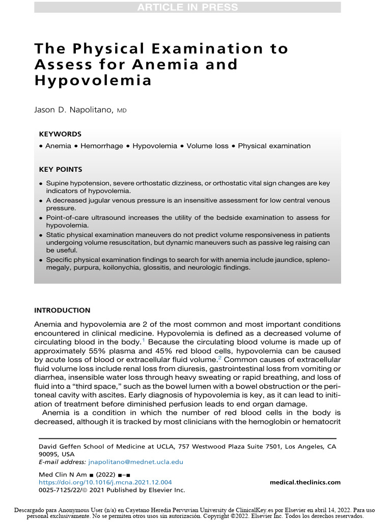 The Physical Examination To Assess For Anemia and Hypovolemia | PDF ...