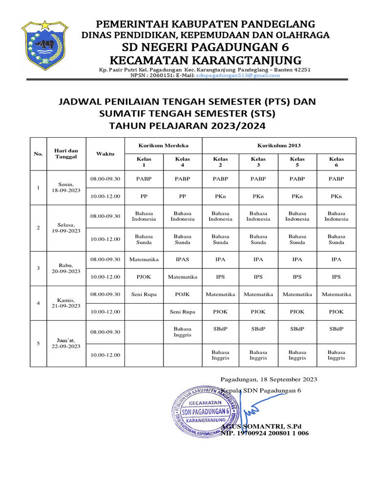 Jadwal PTS dan STS SDN Pagadungan 6 | PDF