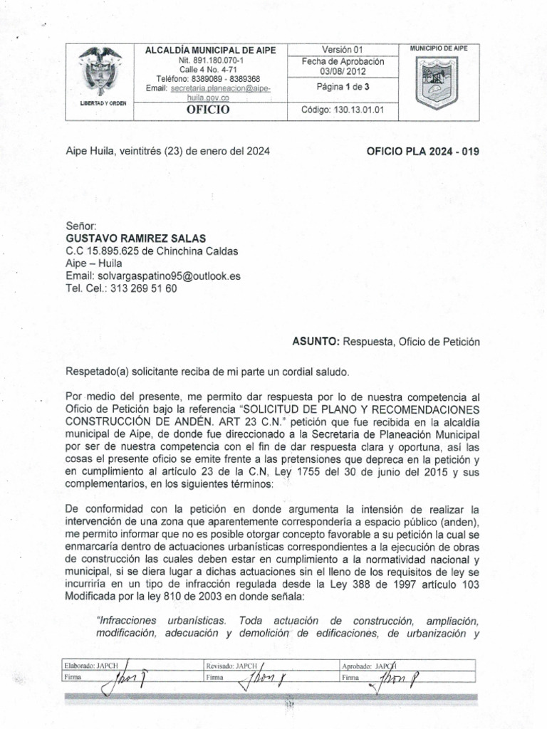 Oficio Pal 019 Respuesta, Oficio de Peticion - 0001 | PDF