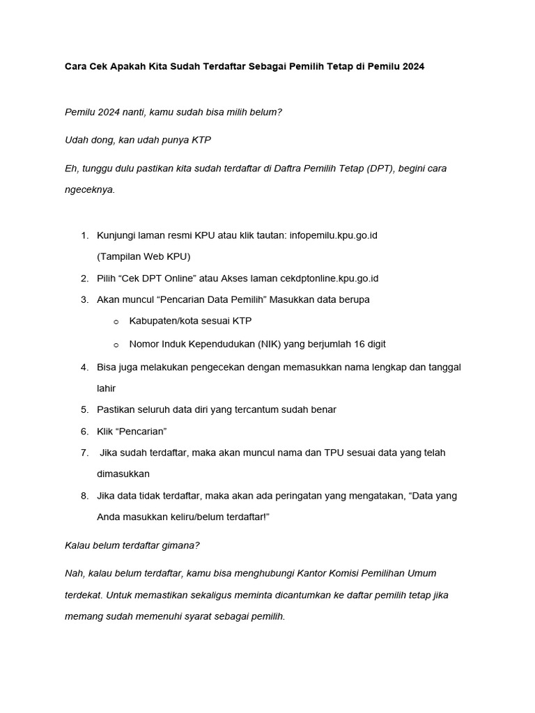 Cara Cek Apakah Kita Sudah Terdaftar Sebagai Pemilih Tetap Di Pemilu 2024 | PDF