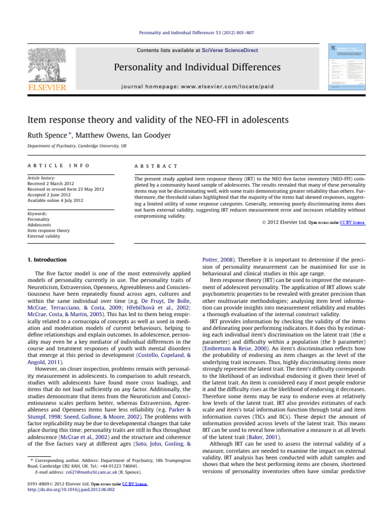 Item Response Theory and Validity of The NEO-FFI in Adolescents | PDF | Extraversion And ...