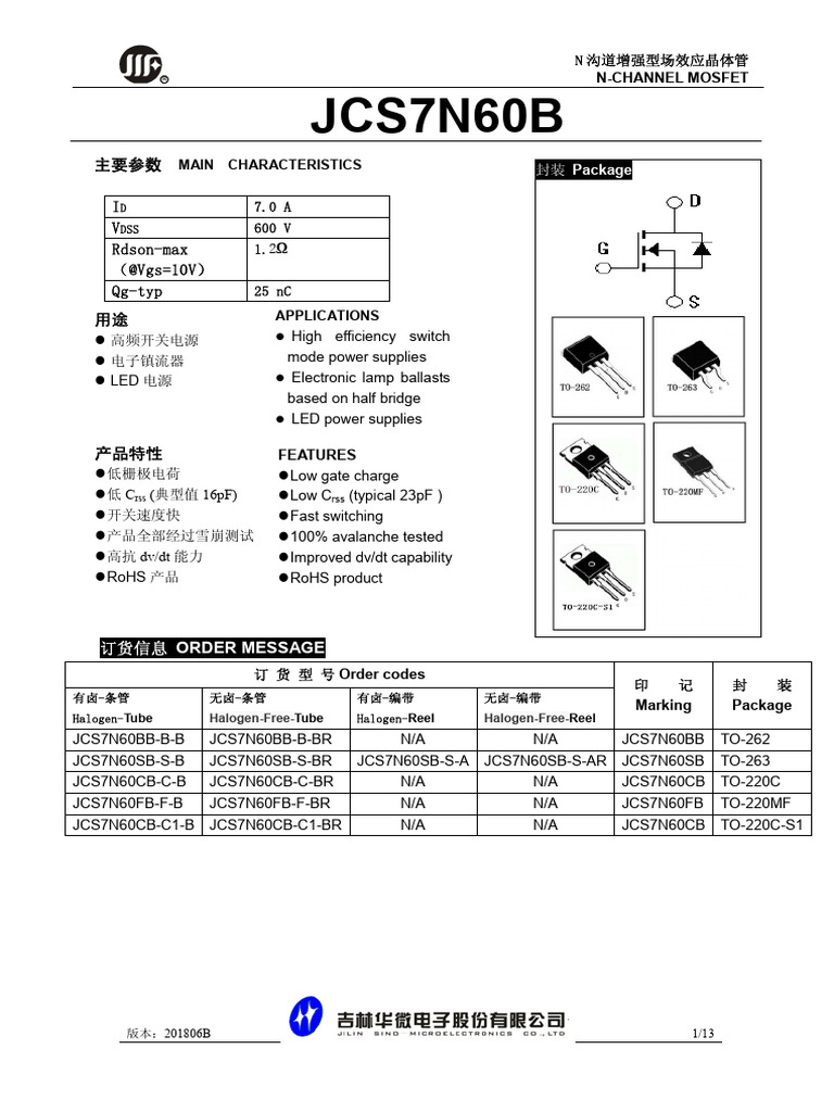 JCS7N60B: 主要参数 I V Rdson-max （@Vgs=10V） Qg-typ 用途 | PDF