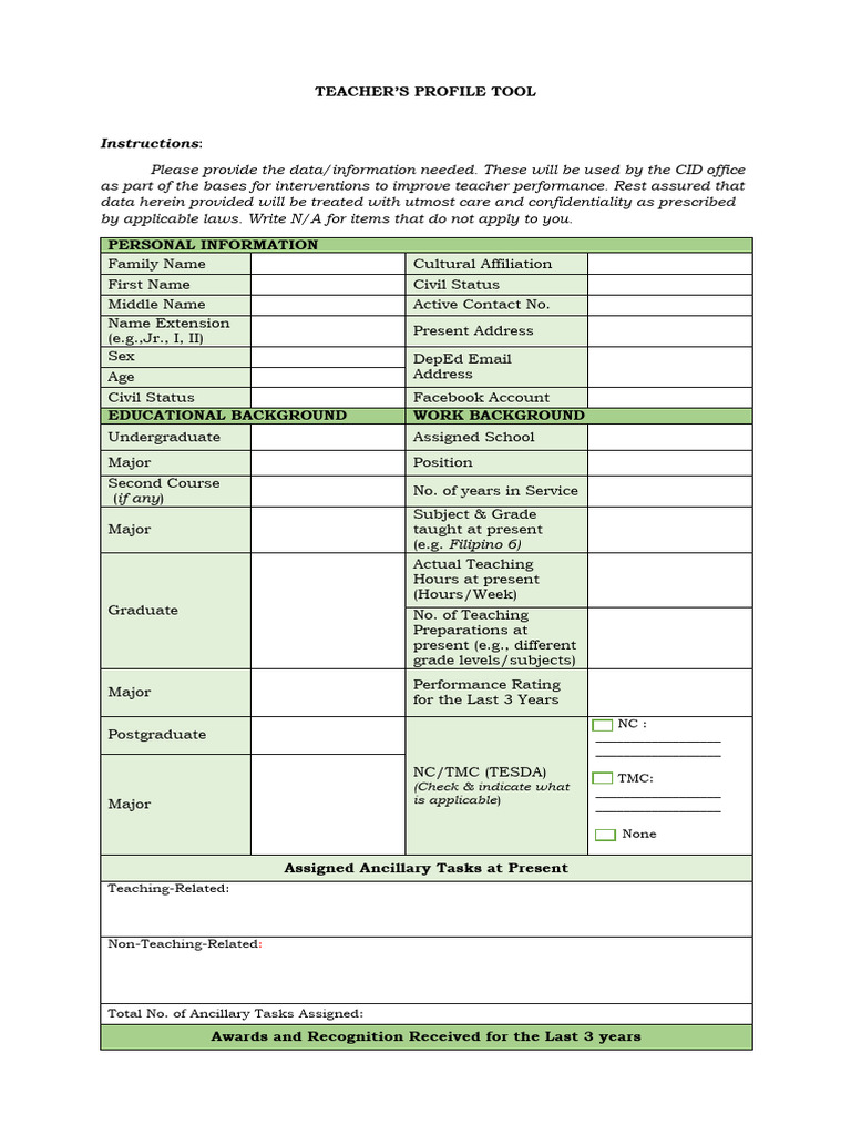 Revised Teachers Profile Tool | PDF | Teachers | Human Communication