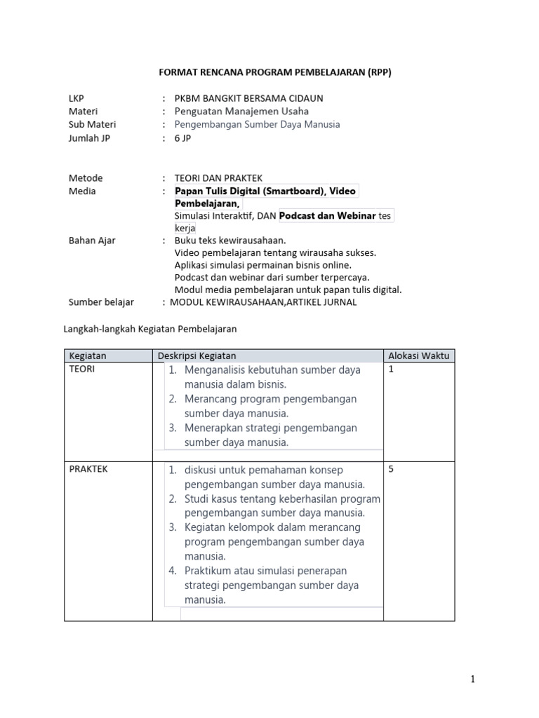 Template RPP PKW 2024 Penguatan Manajemen Usaha 2 | PDF