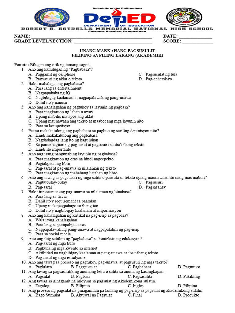 1st Fil. Sa Piling Larang | PDF
