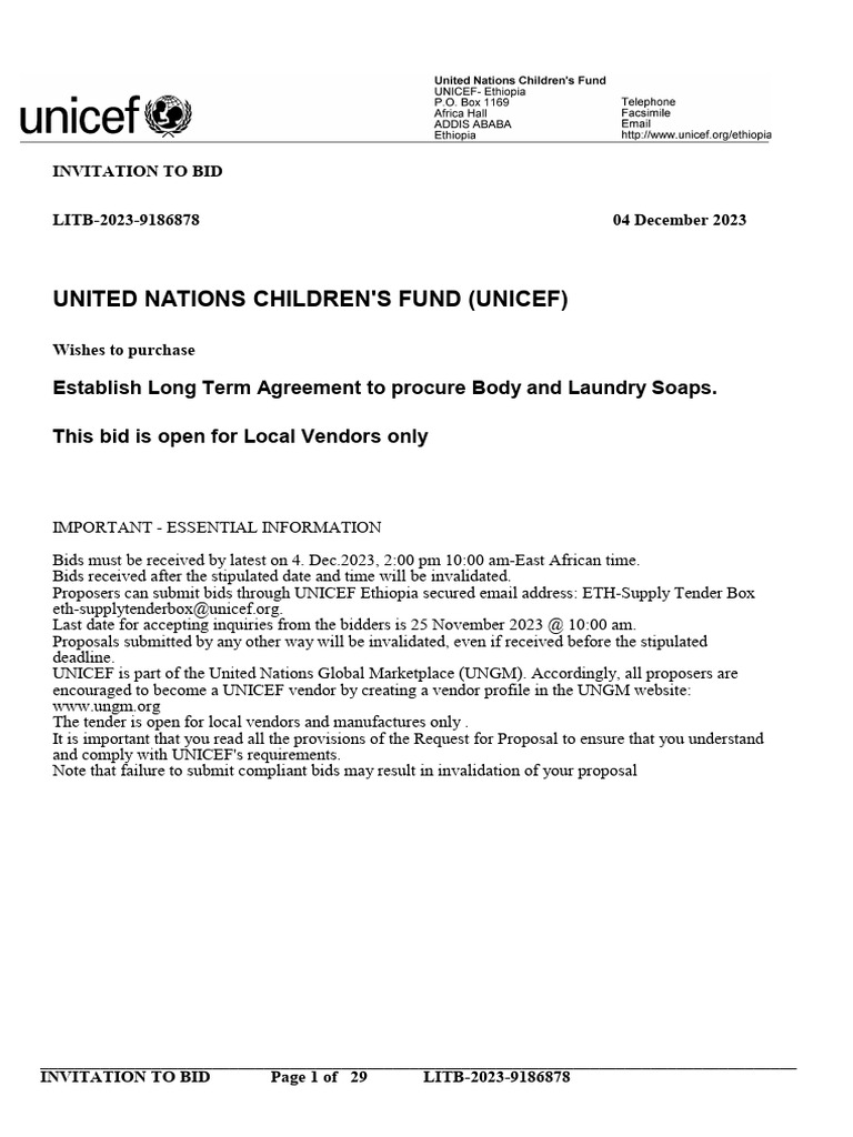 UNICEF Wishes To Establish Long Term Agreement To Procure Body and ...