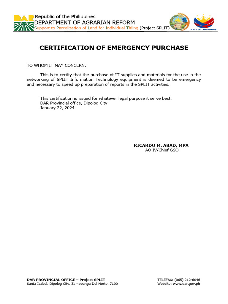 Certificate of Emergency Purchase | PDF | Business | Computers