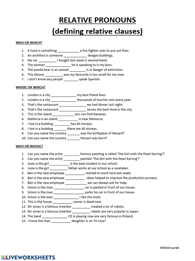 Relative Pronouns Exercises Worksheet | PDF | Foreign Language Studies