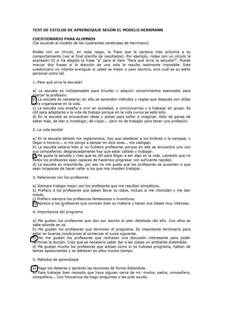 Test de Estilos de Aprendizaje Según El Modelo Herrmann | PDF