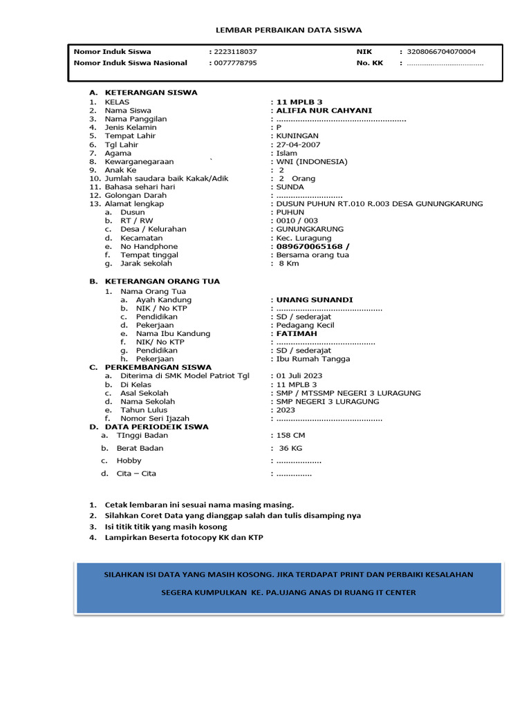 Formulir Perbaikan Data Xi MPLB 3 - Diedit | PDF