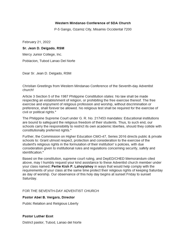 Western Mindanao Conference of SDA Church - EXCUSE LETTER | PDF