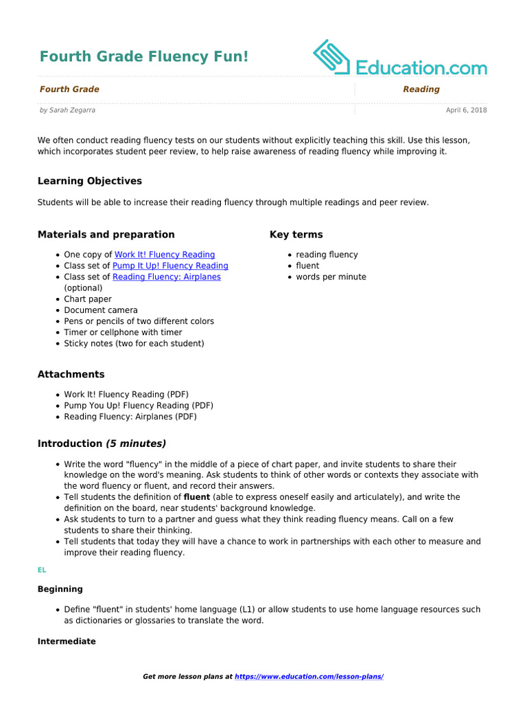Fourth Grade Reading Fluency Lesson Plan | PDF | Fluency | Human ...