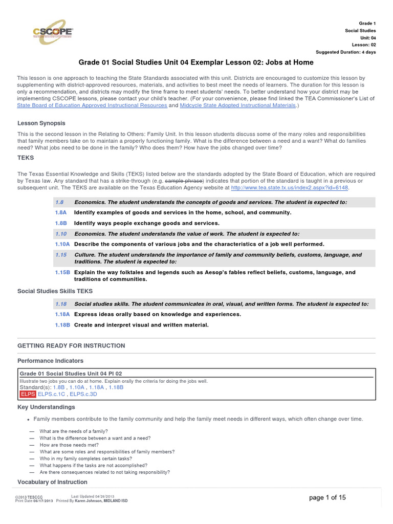 Grade 01 Social Studies Unit 04 Exemplar Lesson 02 Jobs at Home | Download Free PDF | Teachers ...
