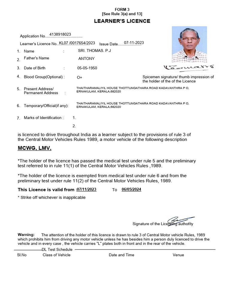 Learner'S Licence: Form 3 (See Rule 3 (A) and 13) | PDF | Vehicles | Transport