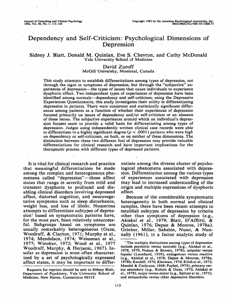 Dependency and Self-Criticism: Depression Dimensions | PDF | Major ...