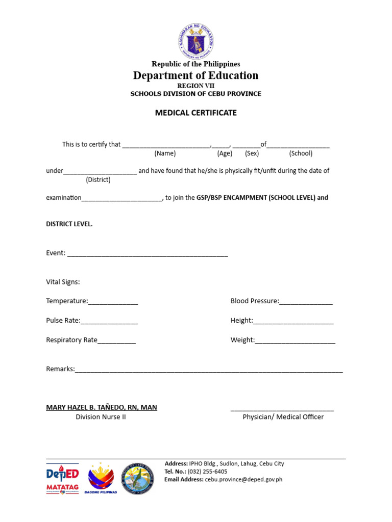 MEDCERTIFICATE Scouting ELEM | PDF