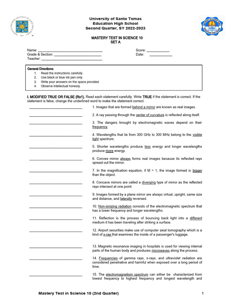Mastery Test 1 Science Grade 10 | PDF | Electromagnetic Spectrum | Mirror