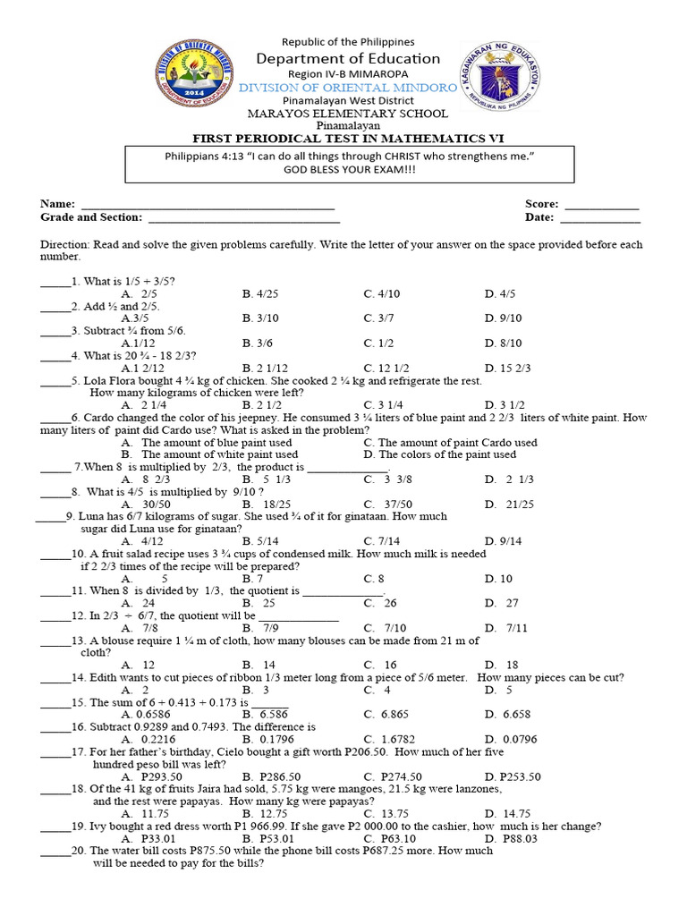 1ST Periodical Test in Mathematics With Tos | PDF