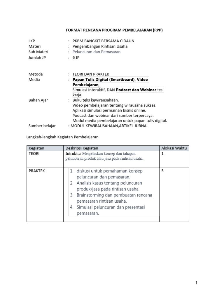 Template RPP PKW 2024 Pengembangan Rintisan Usaha 5 | PDF