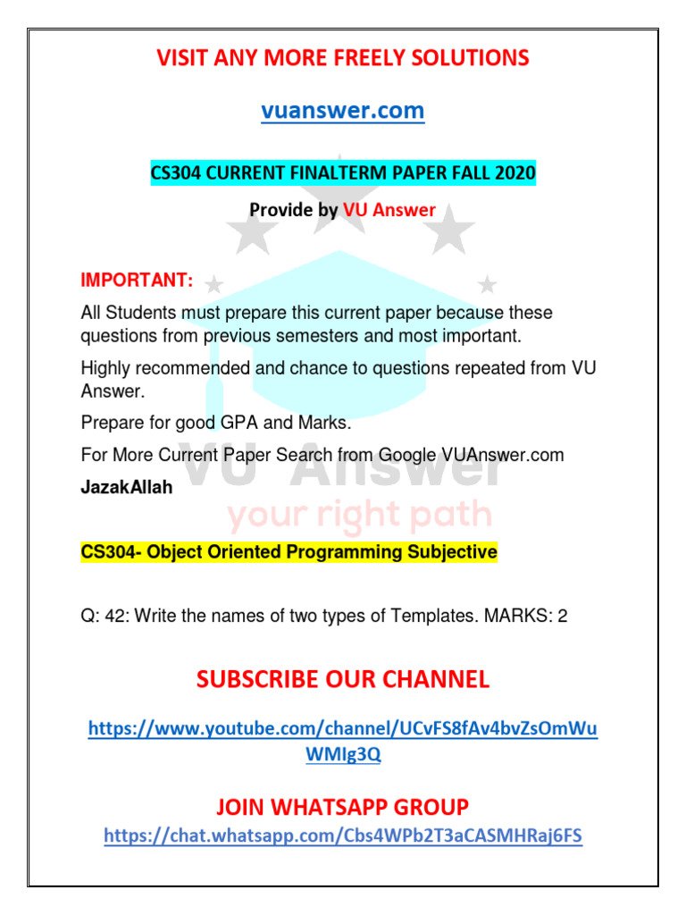 CS304 Final 2020 Paper Current by VU Answer | PDF | C++ | Constructor (Object Oriented Programming)