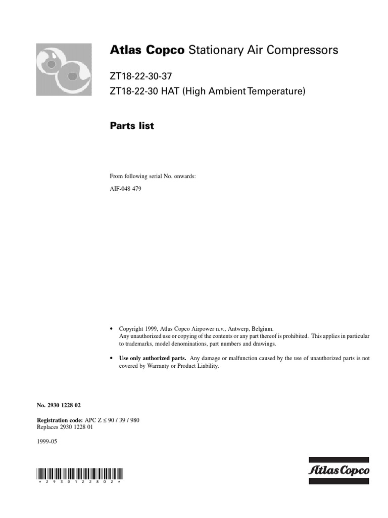 Atlas Copco Stationary Air Compressors: ZT18-22-30-37 ZT18-22-30 HAT ...