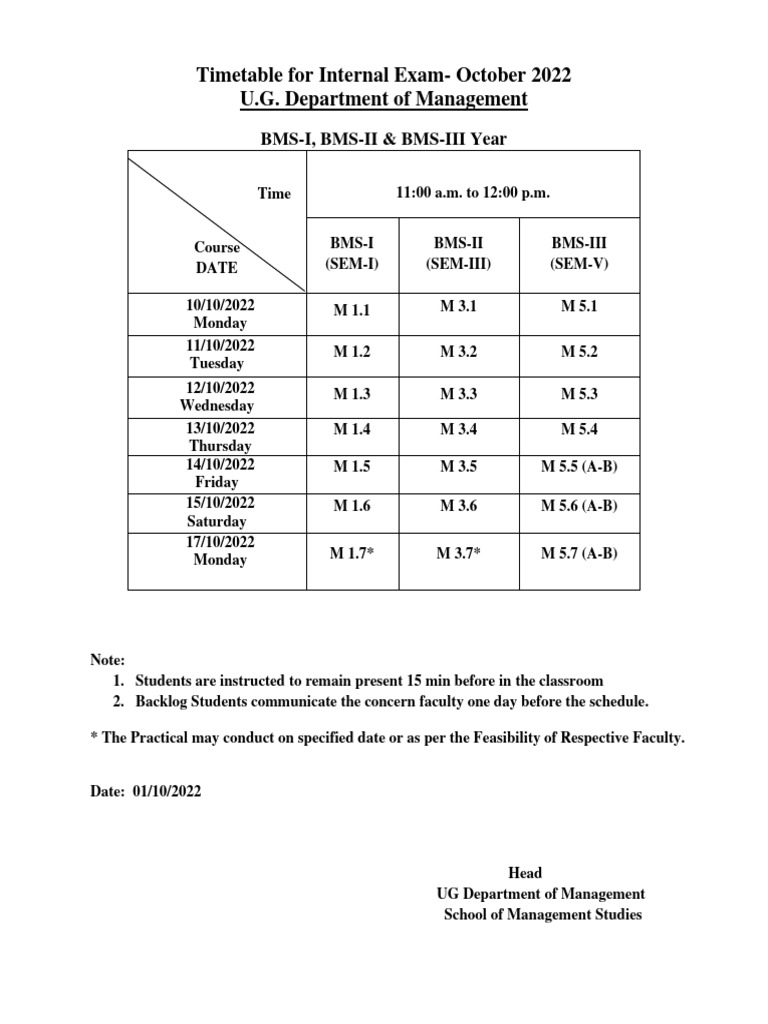 BMS Internal Time Table - Oct 2022 | PDF